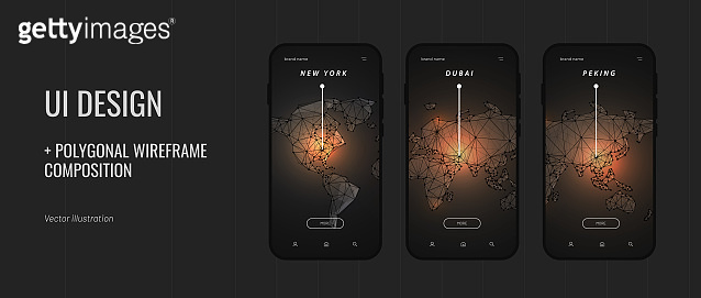 World map + UI design. Polygonal wireframe composition. Abstract ...