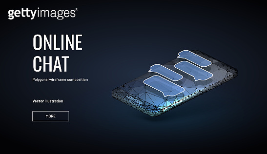 Chat in phone or messenger. Isometric Low poly wireframe style. Pop-up ...