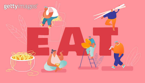 People Eat Chinese Food Concept. Tiny Male and Female Characters Eating ...