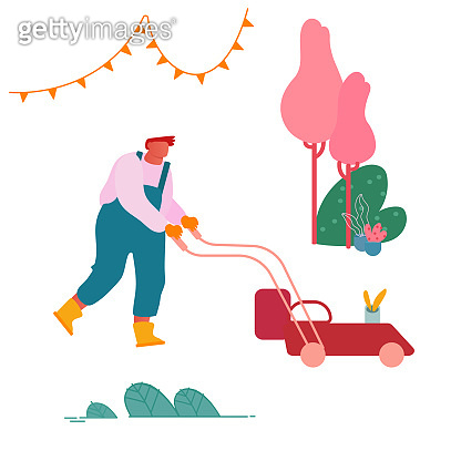 Man Mow Lawn in Garden or Public City Park. Gardener or Worker Pushing ...