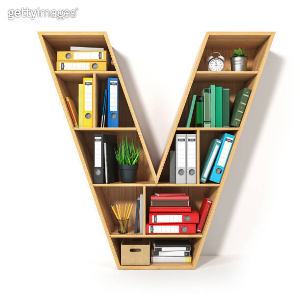 Letter V in the form of shelves with file folder, binders and books ...