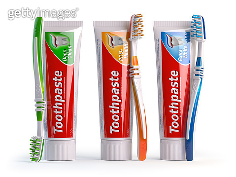 Toothpaste of different types and toothbrushes of different colors. 이미지 ...