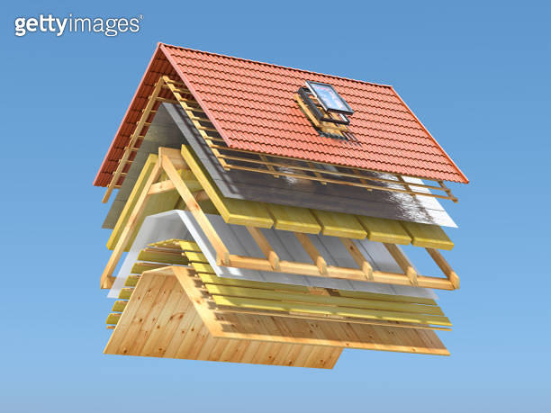 Roof cover in layers. Cross section and technical details of house roof ...