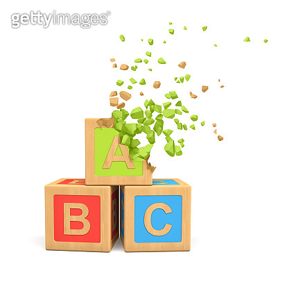 3d rendering of colorful alphabet toy blocks shattering into small ...