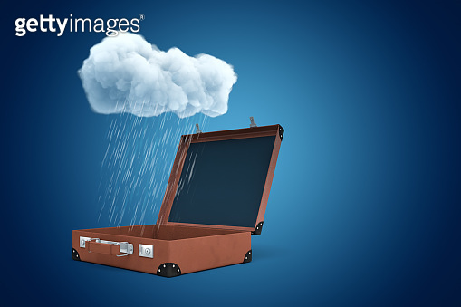 3d rendering of open empty travelling case under raining cloud on blue ...