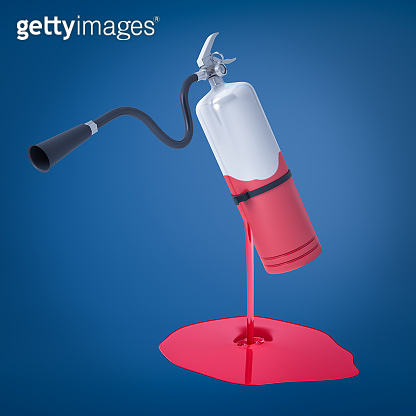 3d rendering of foam portable fire extinguisher with pink paint melting ...