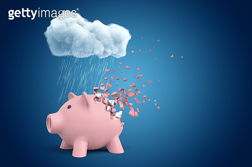 3d rendering of pink piggy bank that is dissolving in pieces, standing ...