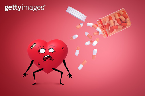 3d rendering of scared cartoon heart with medical pills falling out of ...