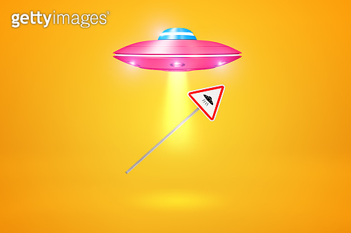 3d rendering of pink UFO flying against amber background and using ...