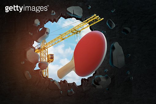 3d rendering of construction crane and ping pong racket seen through ...