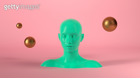 Abstract mannequin female head with golden spheres balls on background ...