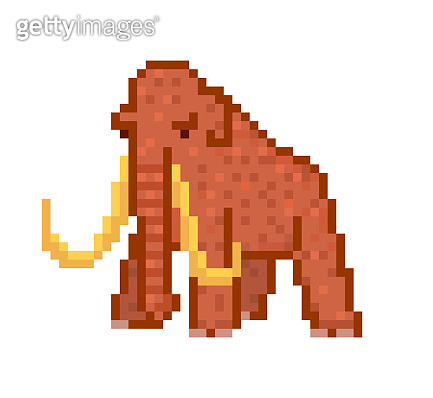 Huge brown woolly mammoth with tusks, 8 bit pixel art character ...