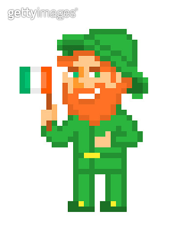Ginger bearded leprechaun in green costume & hat with a flag of Ireland ...