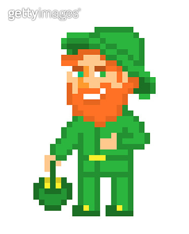 Ginger bearded leprechaun in green costume and hat with a pot of gold ...
