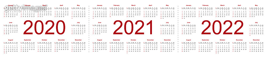 Set of minimalist calendars, years 2020 2021 2022, weeks start Sunday ...