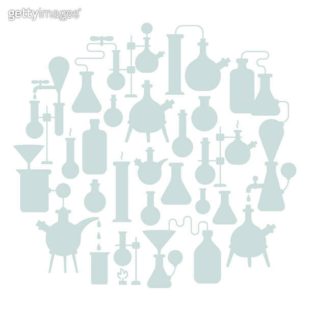 Chemistry equipment silhouette flat round background. Science of ...
