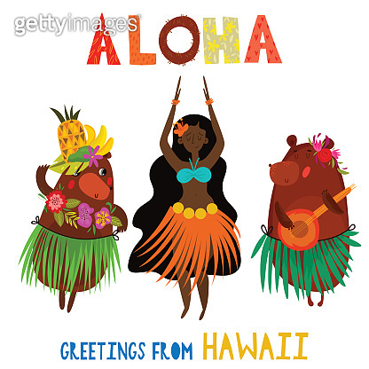 Aloha Hawaii card with Hawaiian Hula girl and funny bears .Cartoon ...