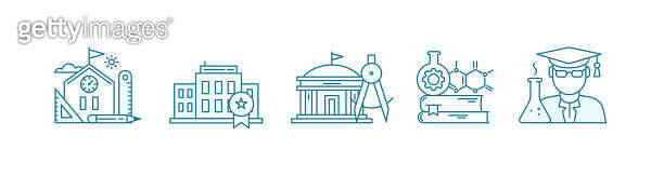 Education science icon set. School, college and university. Bachelor ...