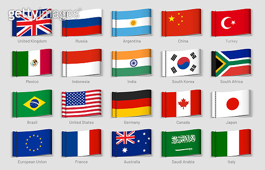 National flags fabric tags. G20 countries labels, official country flag ...