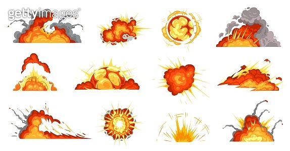 Cartoon explosions. Exploding bomb, fire cloud and explosion burst ...