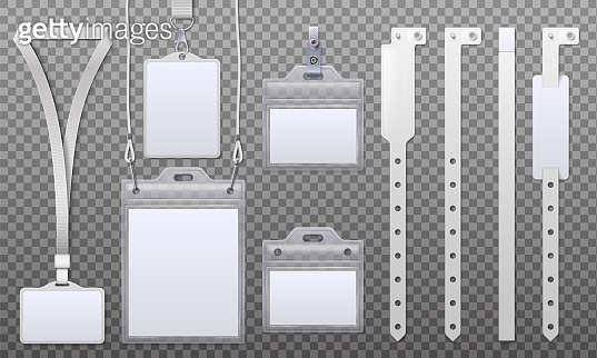 Identification card badge. Identity name tag cards on ribbon lanyard ...