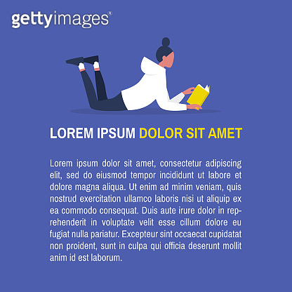 Lorem ipsum template. Young female character reading a book. Library ...