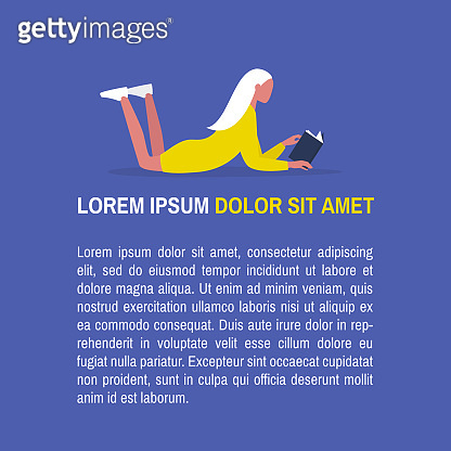 Lorem ipsum template. Young female character reading a book. Library ...