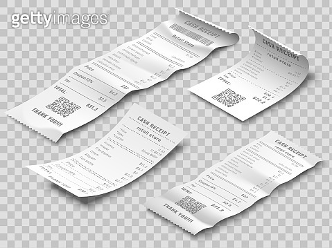 Isometric financial check. Payment checks, thermal printed rolled paper ...