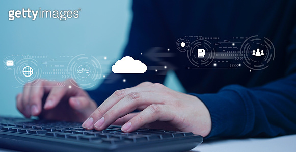 close up computer programmer man hand typing on keyboard for transfer or synch data upload and ...