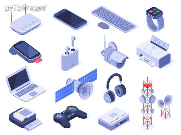 Isometric wireless devices. Computer connect gadgets, wireless connection remote controller and ...