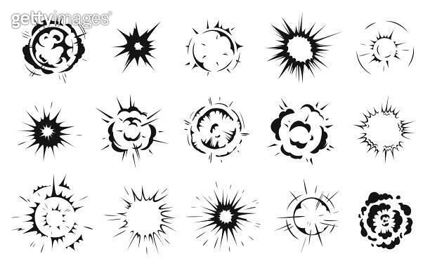 Radial explosion silhouette. Exploding bursts, round explosions cloud ...