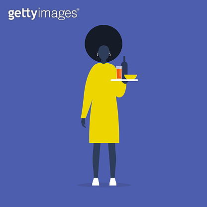 Young black female waiter holding a tray with dishes. Restaurant ...