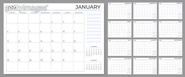 Monthly planner template. Year calendar notes grid, 2020 planners ...