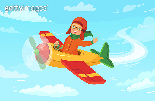 Cartoon kid pilot. Children aviator flying in airplane, little boy avia ...