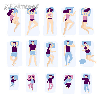 People sleeping poses. Adult and child sleep pose. Man on pillow, woman ...