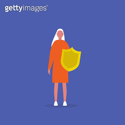 Young female character protecting herself with a shield. Safety ...