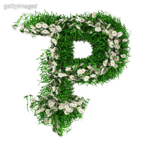 Letter P Of Green Grass And Flowers. Font For Your Design. 3D ...