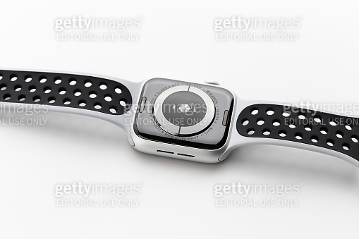 Apple Watch Nike + Silver Aluminum Case with Pure Platinum on a white ...