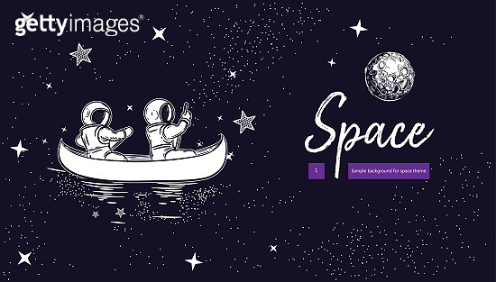 Horizontal banner of space theme. Spacemen are floating on the canoe ...