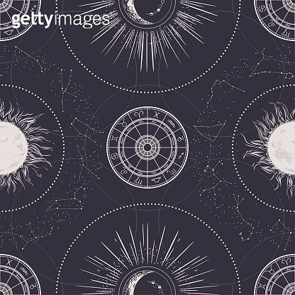 Seamless pattern. Signs of the zodiac, phases of the moon, sun and moon ...