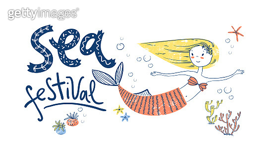 Sea festival poster with cute mermaid. Hand lettering. (1147251375 ...