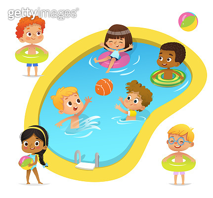 Pool party characters. Multiracial boys and girls wearing swimming ...