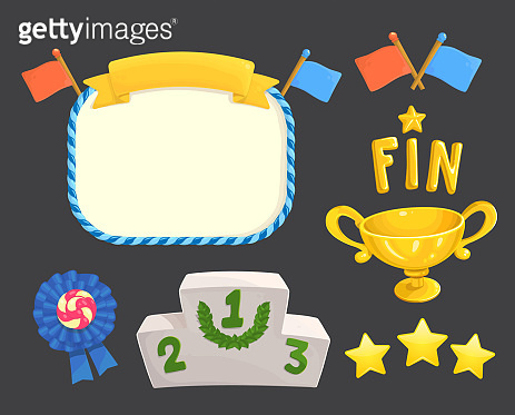 Game rating icons with stars game element, flags, awards, gold cup ...