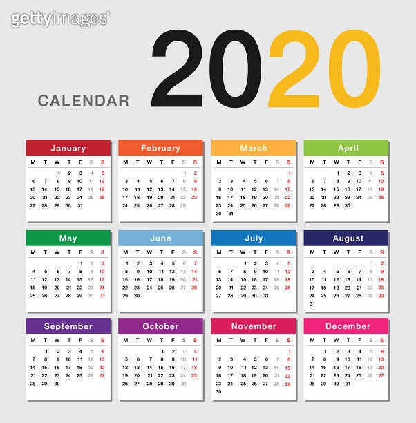 Colorful Year 2020 calendar horizontal vector design template, simple ...