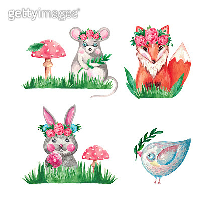 Watercolor animal set Fox rabbit mouse birdie on white isolated ...