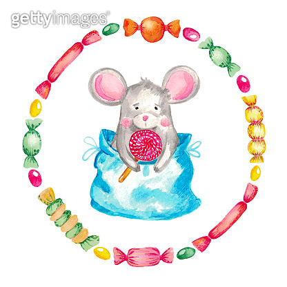 Watercolor illustration frame candy of a gray mouse on a white isolated ...