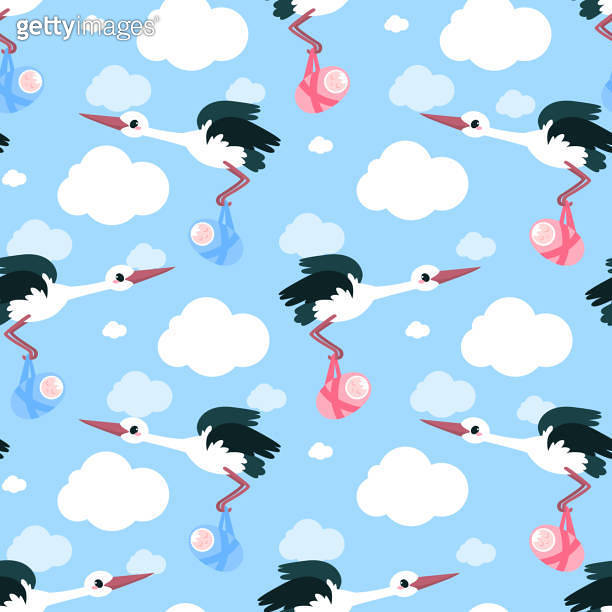 Storks fly in the sky and carry parcels with babies. Children's ...