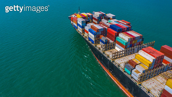 Container ship arriving in port, container ship going to deep sea port ...