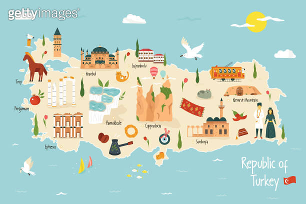Turkey illustrated map with famous landmarks icons (1191847918) - 게티이미지뱅크
