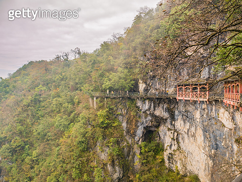 Stone balcony Walk hanging on the Cliff on Tianmen mountain national ...
